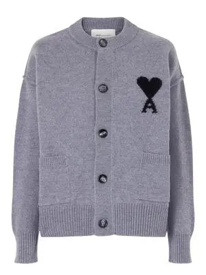 AMI Paris Intarsia Wool Cardigan - Gray