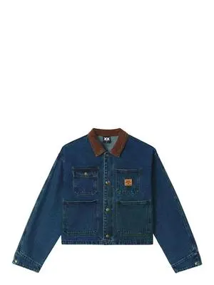 FINGERCROXX Cropped Corduroy Collar Denim Jacket - Blue