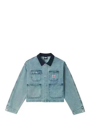 FINGERCROXX Acid Wash Corduroy Collar Denim Jacket - Blue