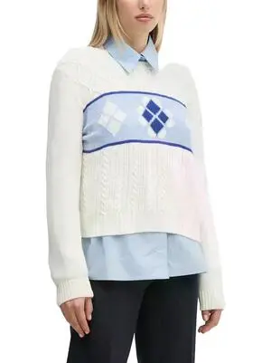BENETTON Argyle Pattern Cable Knit Sweater - Neutrals