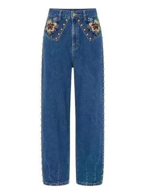 Farm Rio Stud-embellished Floral-embroidered Jeans - Blue