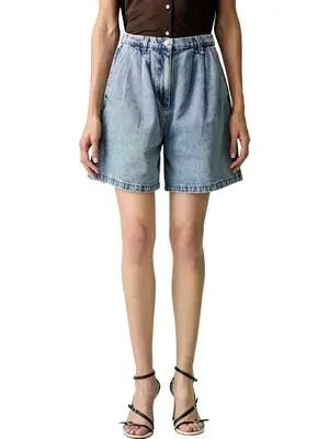 MORGAN Pleated Acid Wash Denim Shorts With Elasticated Waistband - Blue