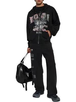 DIESEL® Cotton Graphic Print Full Zip Hoodie - Black