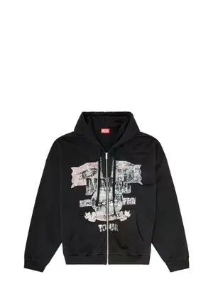 DIESEL® Cotton Graphic Print Full Zip Hoodie - Black