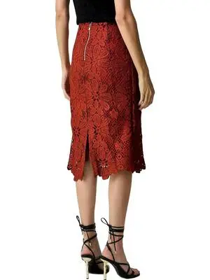 MORGAN Floral Lace Pencil Midi Skirt - Red