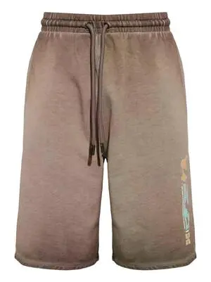 Off-White Cotton Graphic Print Drawstring Shorts - Brown