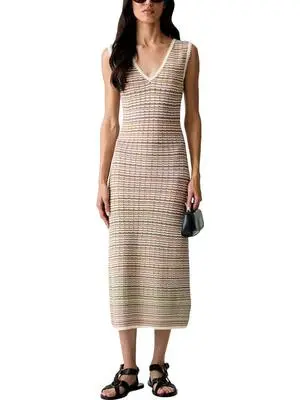 MORGAN Striped V-neck Midi Dress - Neutrals