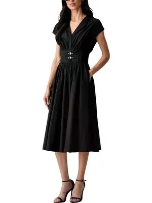 MORGAN Morgan Black Buckle-Detail Flared Midi Dress