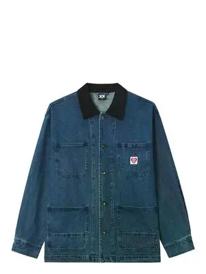 FINGERCROXX Contrast Corduroy Collar Denim Jacket - Blue