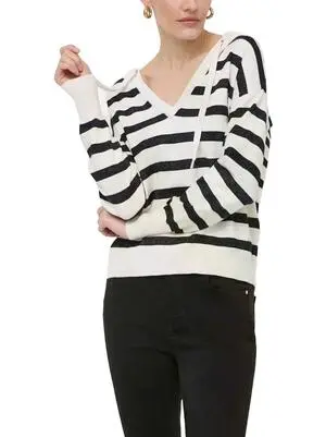 MORGAN Striped V-neck Hooded Sweater - Neutrals