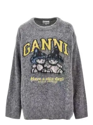 GANNI Intarsia Knit Crew Neck Sweater - Grey