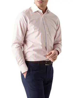 Robert Talbott Reynolds Multi Stripe Light Weight Poplin Shirt In Contemporary Fit - Orange Multi