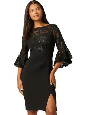 Adrianna Papell Sequin Floral Lace Sheath Dress With Sheer Bell Sleeves - Black