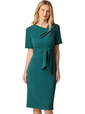 Adrianna Papell Short Sleeve Asymmetrical Tie Front Stretch Sheath Dress - Hunter