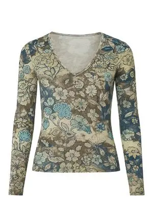 CONQUISTA Floral Print V-neck Long-sleeve Top - Blue