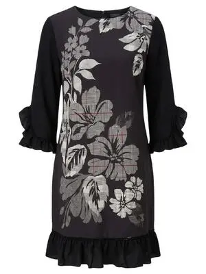 CONQUISTA Conquista Floral Print Shift Dress With Ruffle Details