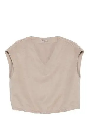Herno Sleeveless V-neck Top With Webbing Detail And Drawstring Hem - Beige