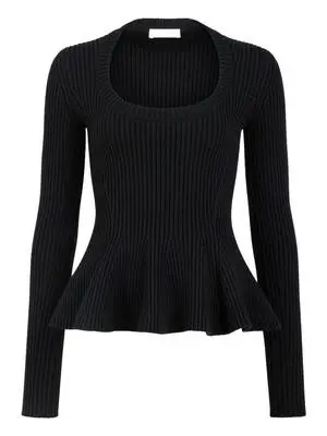 Alaïa Long-sleeved Ribbed Knit Peplum Sweater - Black