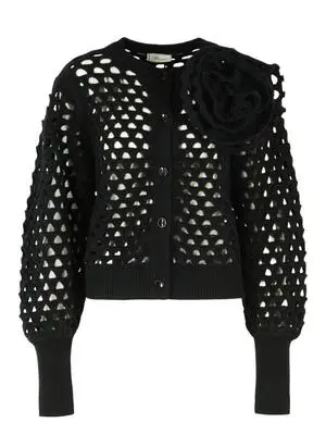 Blumarine Open-knit Cardigan With 3d Rose Detail - Black