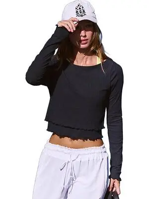Free People Ribbed Ruffled Long Sleeve Performance Top - Black