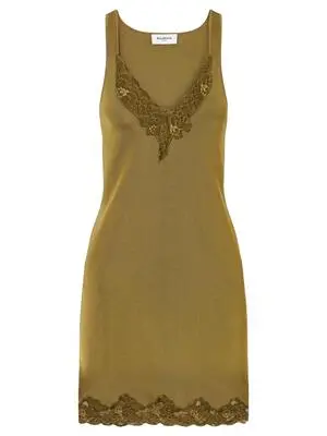 Balmain Lace-trimmed Knitted Mini Dress - Army Green