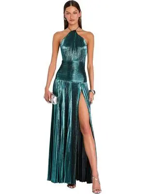 Retrofete Retrofête Thalia Halterneck Maxi Gown With High Slit Sarcelle
