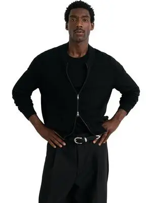 REISS Petersham Merino Wool Textured Bomber Cardigan - Black