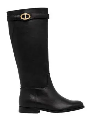 TWINSET Buckled Knee High Boots With Gold Tone Hardware - Black