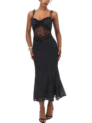 MISS CIRCLE NEW YORK Zehra Polka Dot Chiffon Lace Cutout Mermaid Midi Dress - Black