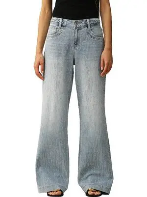 BAYEAS Mid Rise Wide Leg Rhinestone Denim Jeans - Blue