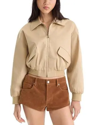 Good American Cropped Twill Cotton Stretch Bomber Jacket - Dune Mist