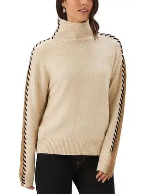 Karen Kane Whipstitched Colorblocked Turtleneck Sweater - Oat/ Camel