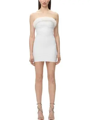 Herve Leger Victoria Faux Fur Trim Bandage Dress - Alabaster