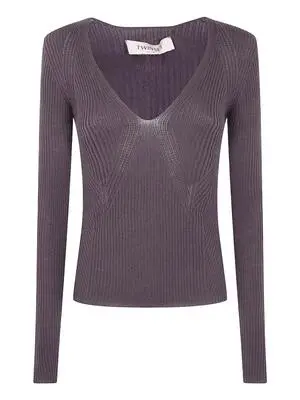 TWINSET Twinset Long-Sleeved V-Neck Ribbed Jumper Black