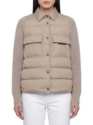 Brunello Cucinelli Quilted Down Jacket With Contrasting Knit Sleeves - Beige