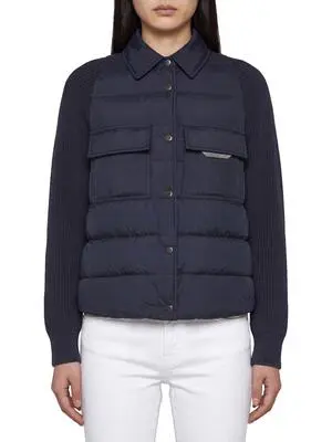 Brunello Cucinelli Quilted Down Jacket With Contrasting Knit Sleeves - Blue