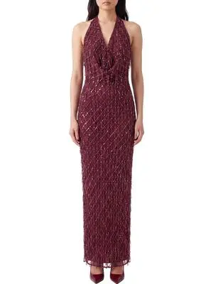 ROTATE BY BIRGER CHRISTENSEN Rotate Slim Fit Halterneck Beaded Long Evening Gown