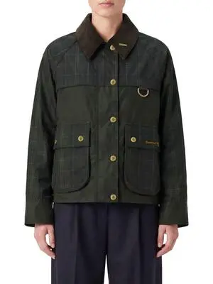 Barbour Spey Waxed Cotton Jacket With Velvet Collar And Tartan Lining - Green