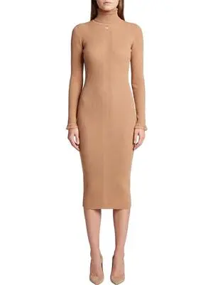 Elisabetta Franchi Elisabetta Franchi Ribbed Knit Turtleneck Midi Dress Beige