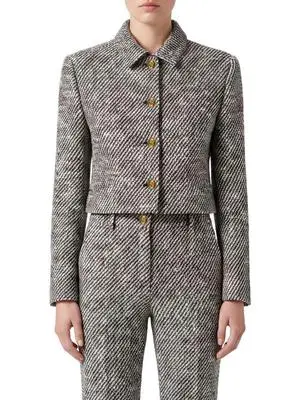 Versace Cropped Chevron Pattern Single-breasted Virgin Wool Blazer - White
