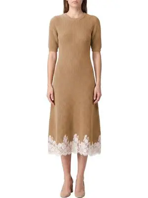 Alberta Ferretti Cashmere And Camel Midi Knit Dress With Macramé Inserts - Brown