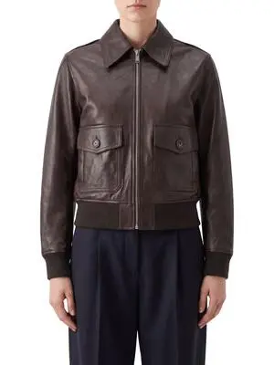 A.p.c. Cowhide Leather Bomber Jacket With Classic Collar And Zip Closure - Brown