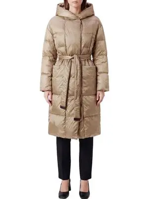 Max Mara Long Hooded Down Jacket With Belt In Water-repellent Nylon - Brown