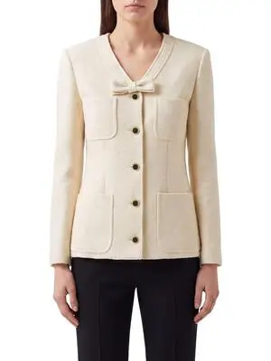 Alessandra Rich Cropped Cotton-blend Blazer With Bow Detail - Ivory