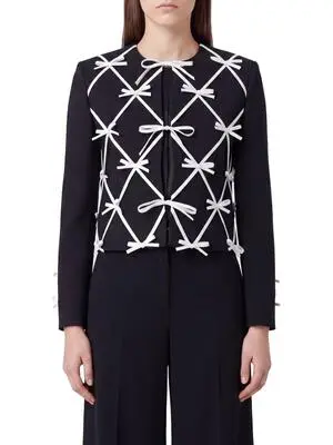 Moschino Virgin Wool Bow Embellished Cropped Blazer - Black
