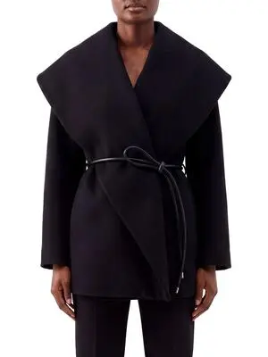 Sportmax Short Virgin Wool Robe Coat With Sailor Collar - Black