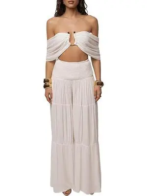 JLUXLABEL Off-the-shoulder Tiered Pant Set With Gold-tone Detail - Ivory