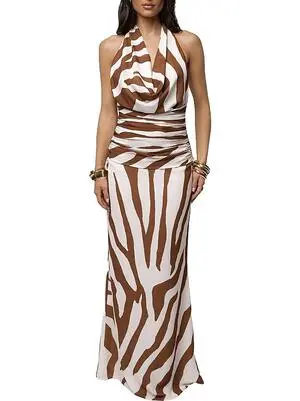 JLUXLABEL Zebra Print Plunge Halterneck Maxi Dress - Brown Zebra