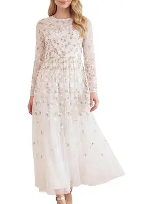 NEEDLE & THREAD Trailing Roses Long Sleeve Maxi Gown - Swan White/white