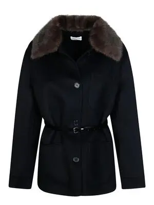 PAROSH Belted Fur Collar Wool Jacket - Nero